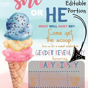 Gender Reveal Party Ice Cream, Get the Scoop, Unique Party, He or She ...