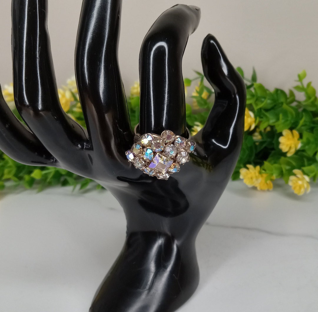 Vintage Aurora Borealis Rhinestone Cluster Spinner Statement Ring Size ...