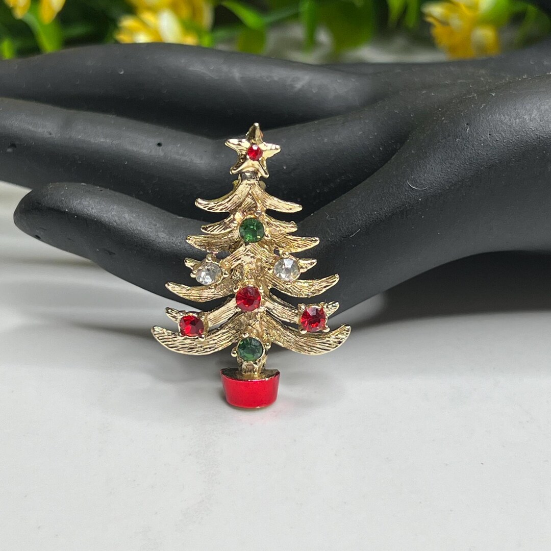 Vintage Signed MYLU Gold Rhinestone Enamel Christmas Tree Pin Brooch - Etsy