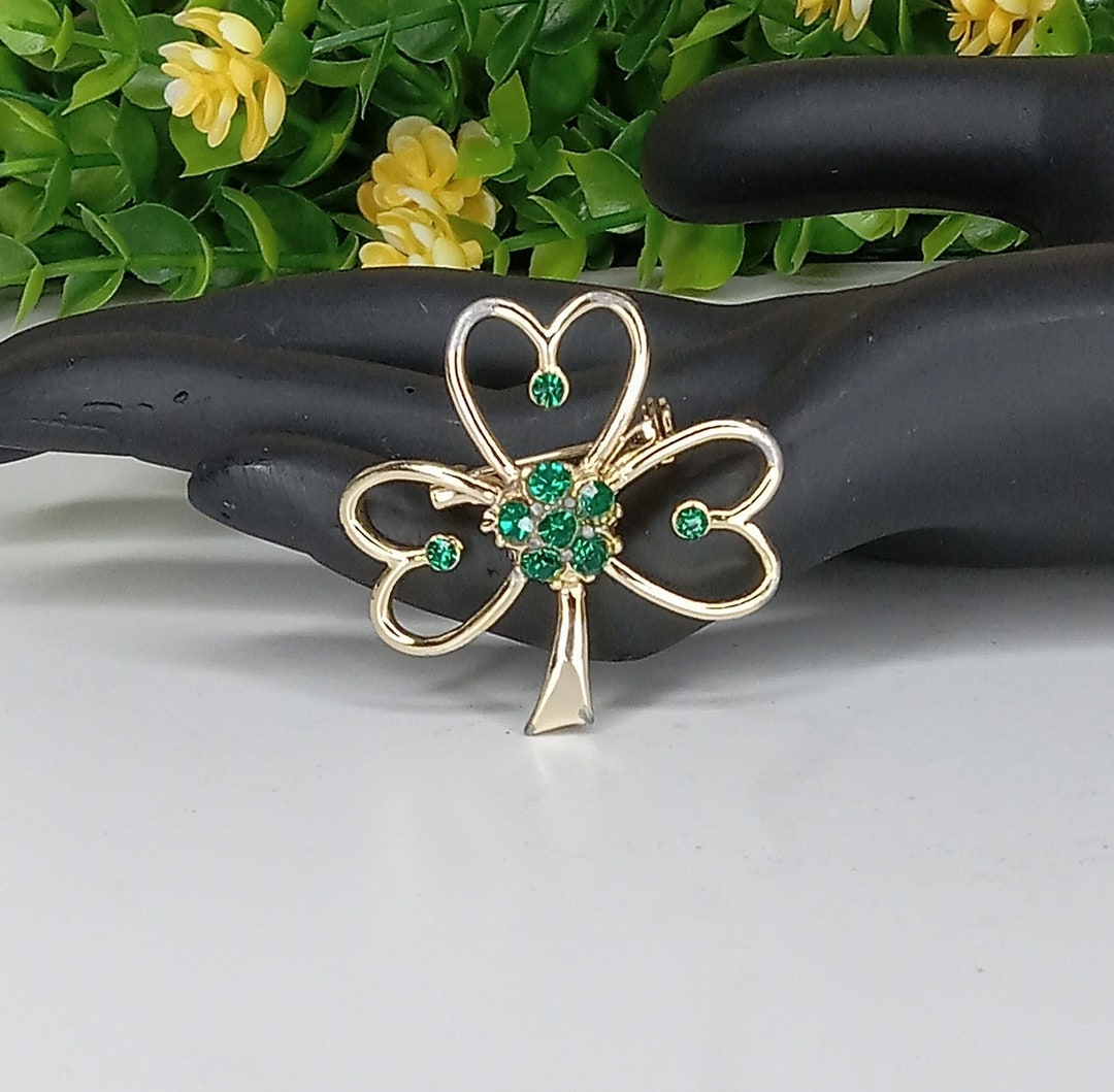 Signed Beatrix Mid Century Gold Green Rhinestone Clover Shamrock Pin ...