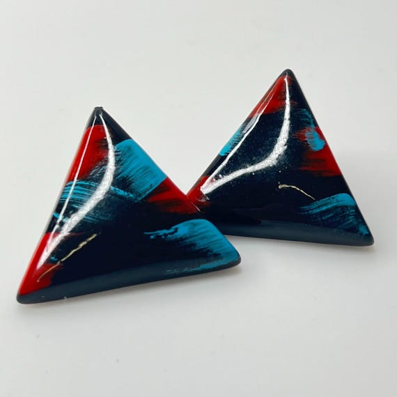 1980s Abstract Triangle Stud Earrings – Red Blue Blac… - Gem