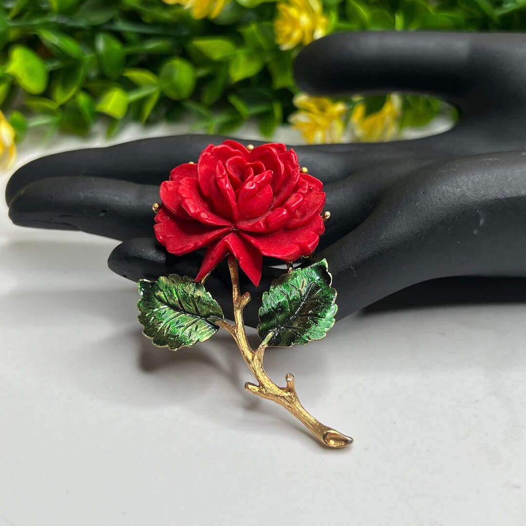 Vintage Long Stem Red Rose Enamel Pin Brooch - Etsy
