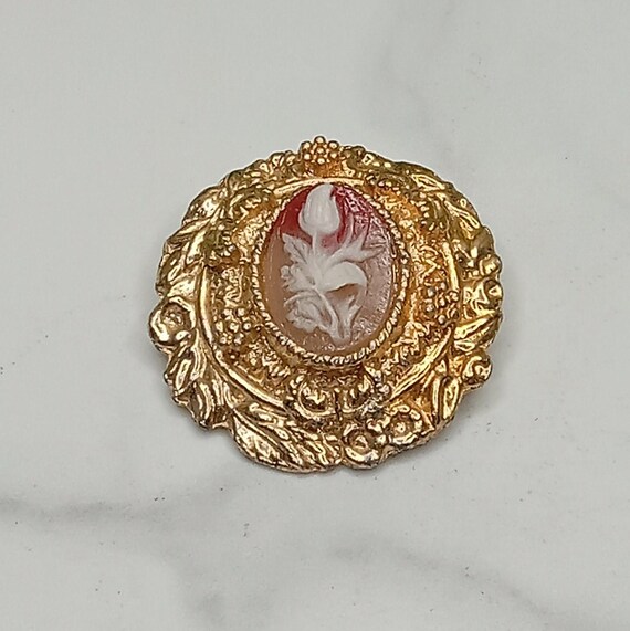 Vintage Gold Single Rose Oval Cameo Pin Brooch - Gem