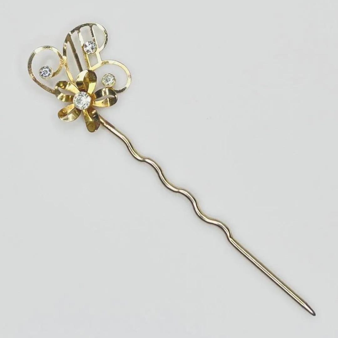 1950s Gold Rhinestone Flower Hat Pin – Vintage Hair or Lapel Stick Pin ...