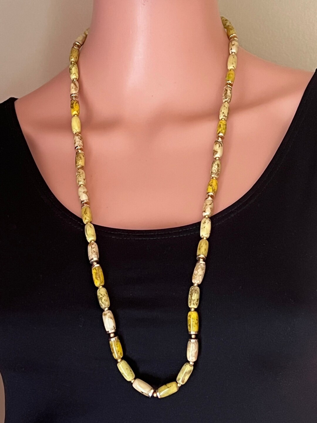 Vintage Long Lightweight Speckled Yellow Mustard Bead Necklace - Etsy