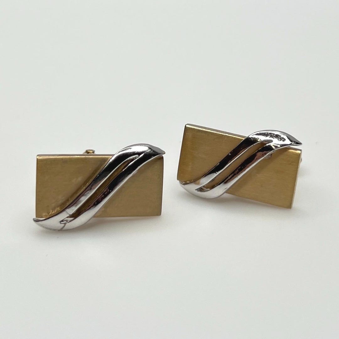 Swank Gold & Silver Wave Cufflinks – 1960s Signed Modernist Rectangular ...