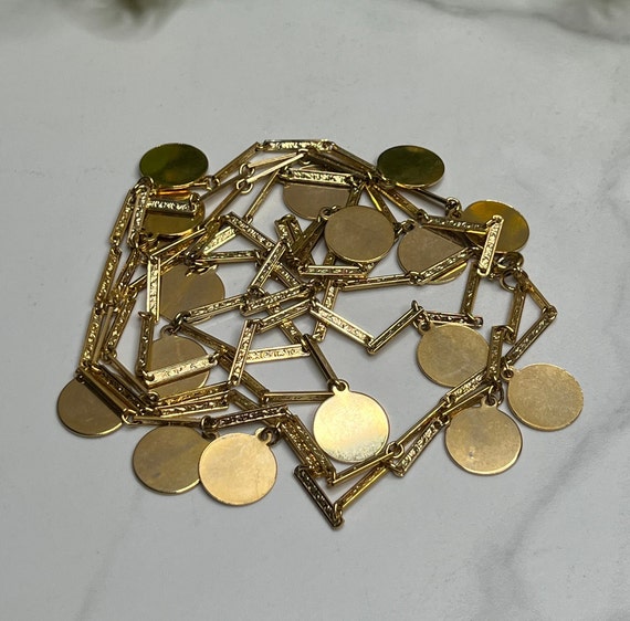 Vintage Long Single Strand Gold Bar Chain Disc Charm … - Gem