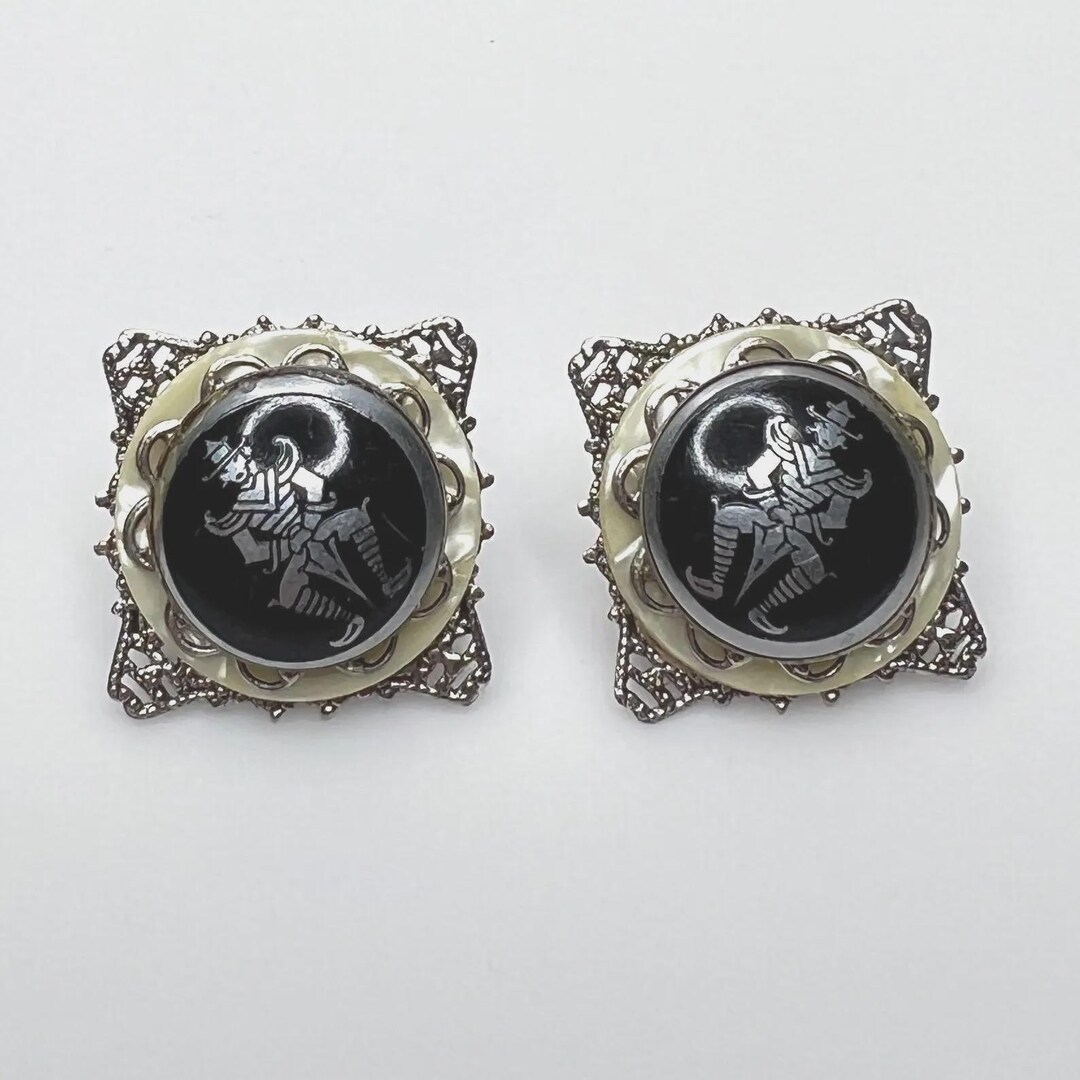 Niello Siam Samurai Stud Earrings – Vintage Mother of Pearl Filigree ...