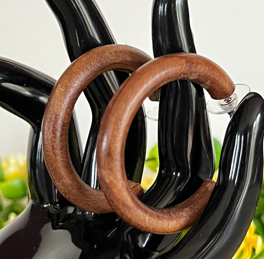 Vintage Large Wood Pierced Stud Hoop Earrings - Etsy