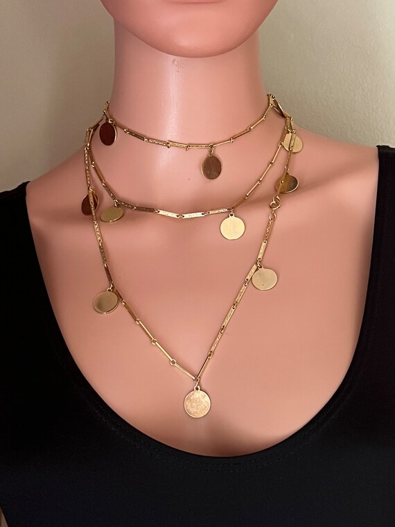 Vintage Long Single Strand Gold Bar Chain Disc Charm … - Gem