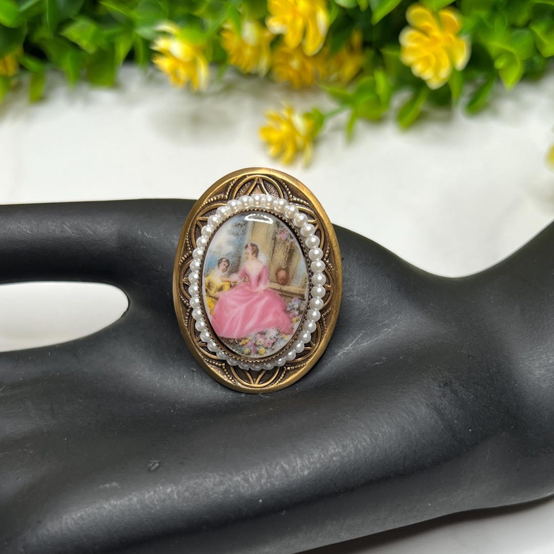 Vintage Embossed Oval Brass Victorian Style Lady Pin Brooch - Etsy