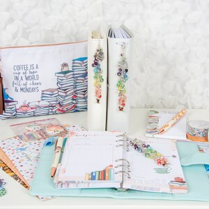 Book Club Planner Charm With Book Stack, Coffee Cup and Owl Charms in a ...