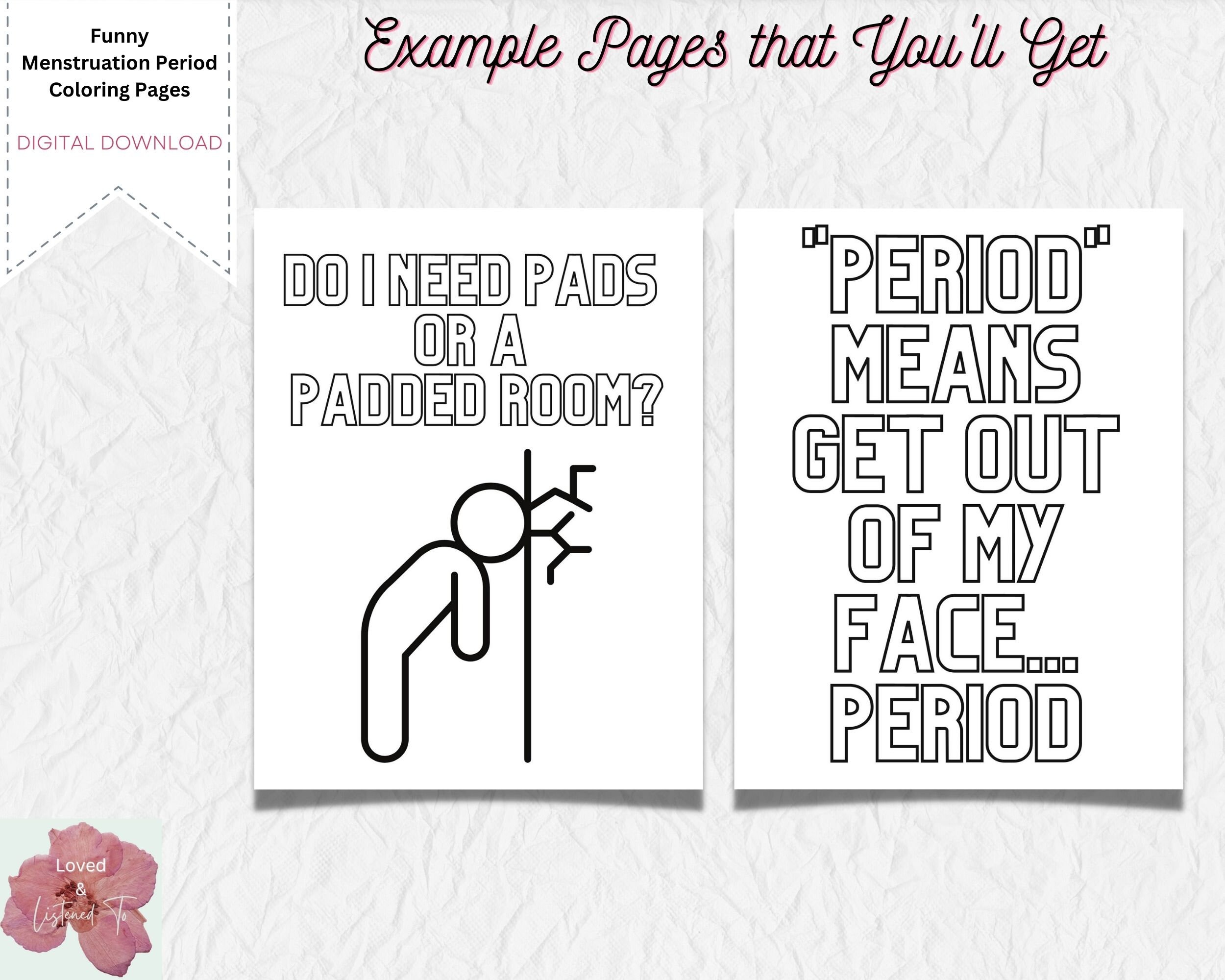 Period Themed Coloring Pages Digital Download Adult Teen Menstruation ...
