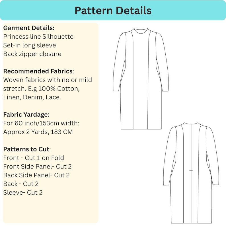 Princess Seam Dress Sewing Pattern: Woven Sloper Block (XS–6X) (PDF ...