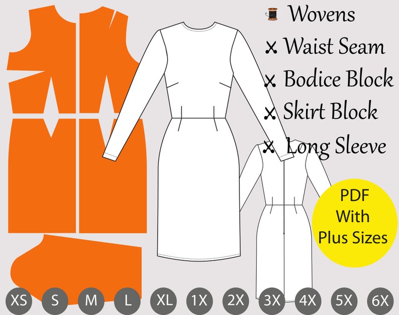 Womens Dress block pattern w/sleeve & skirt sizes XS-6X | Etsy