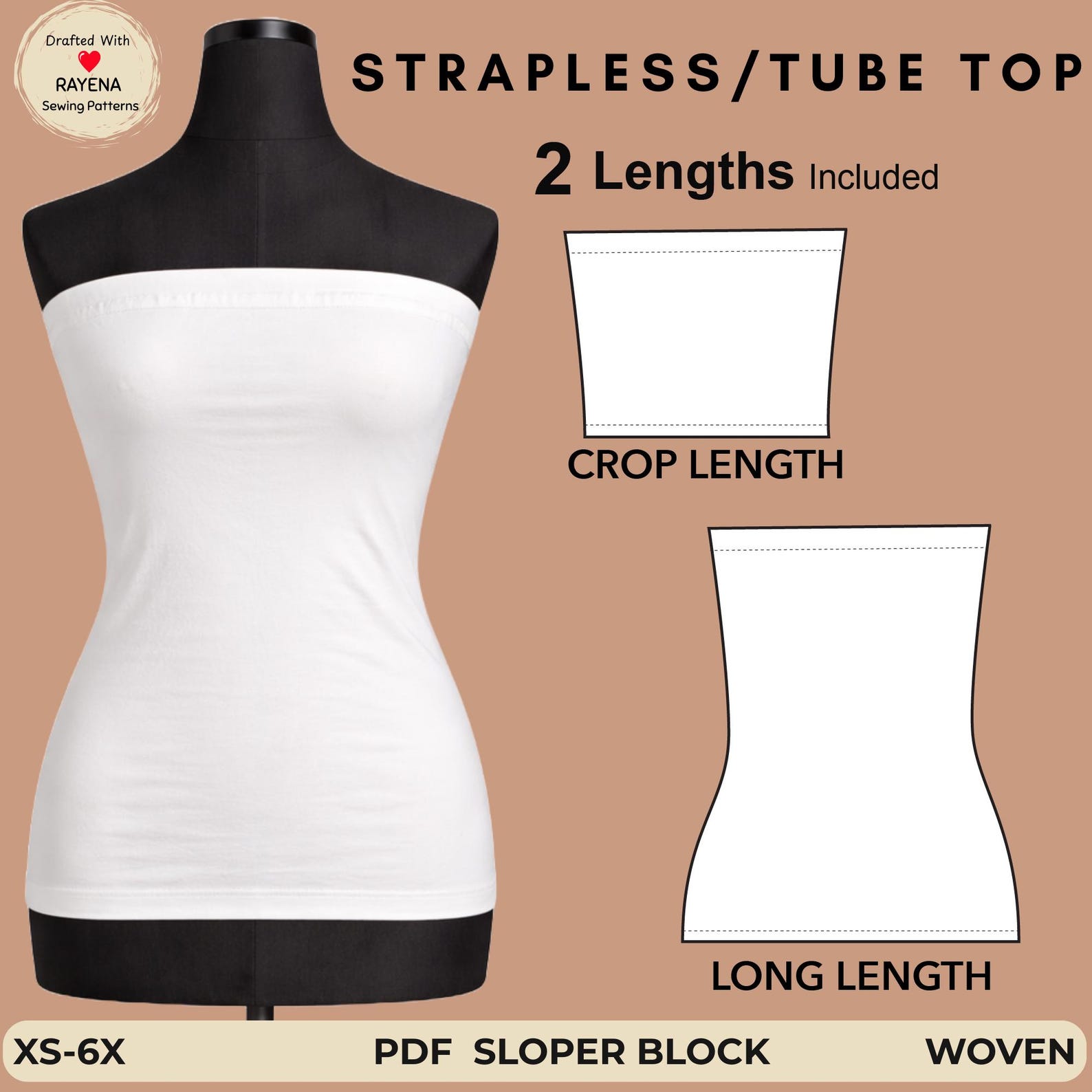 Women's Strapless Tube Top Sewing Pattern: Knit Sloper Block (XS–6X ...