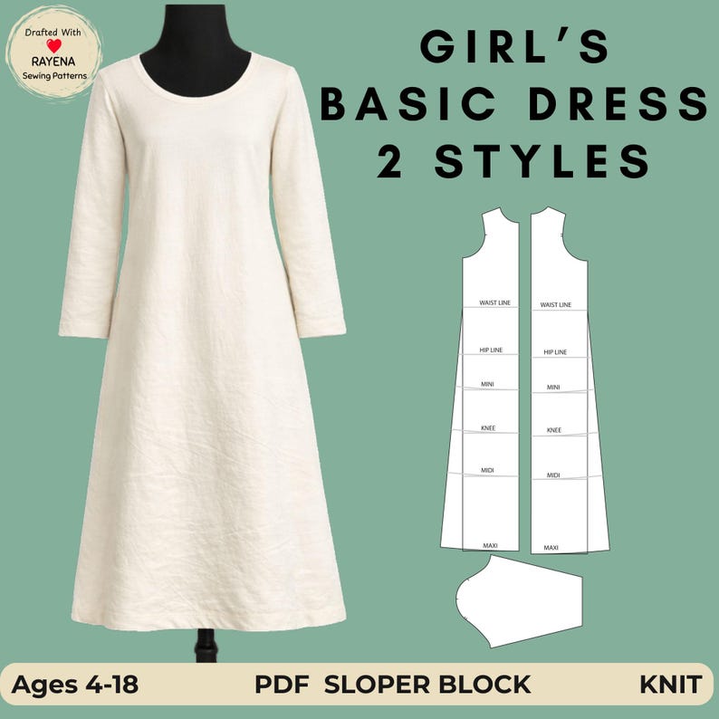 Girl's Basic Dress Sewing Pattern KNIT: Mini Midi Maxi (ages 4-18) (PDF ...