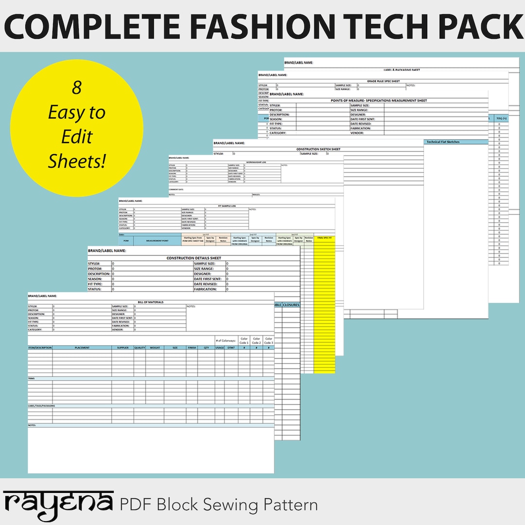 Complete Fashion Tech Pack Template for Designers, Spec Sheet, Apparel Tech Pack, Specification ...