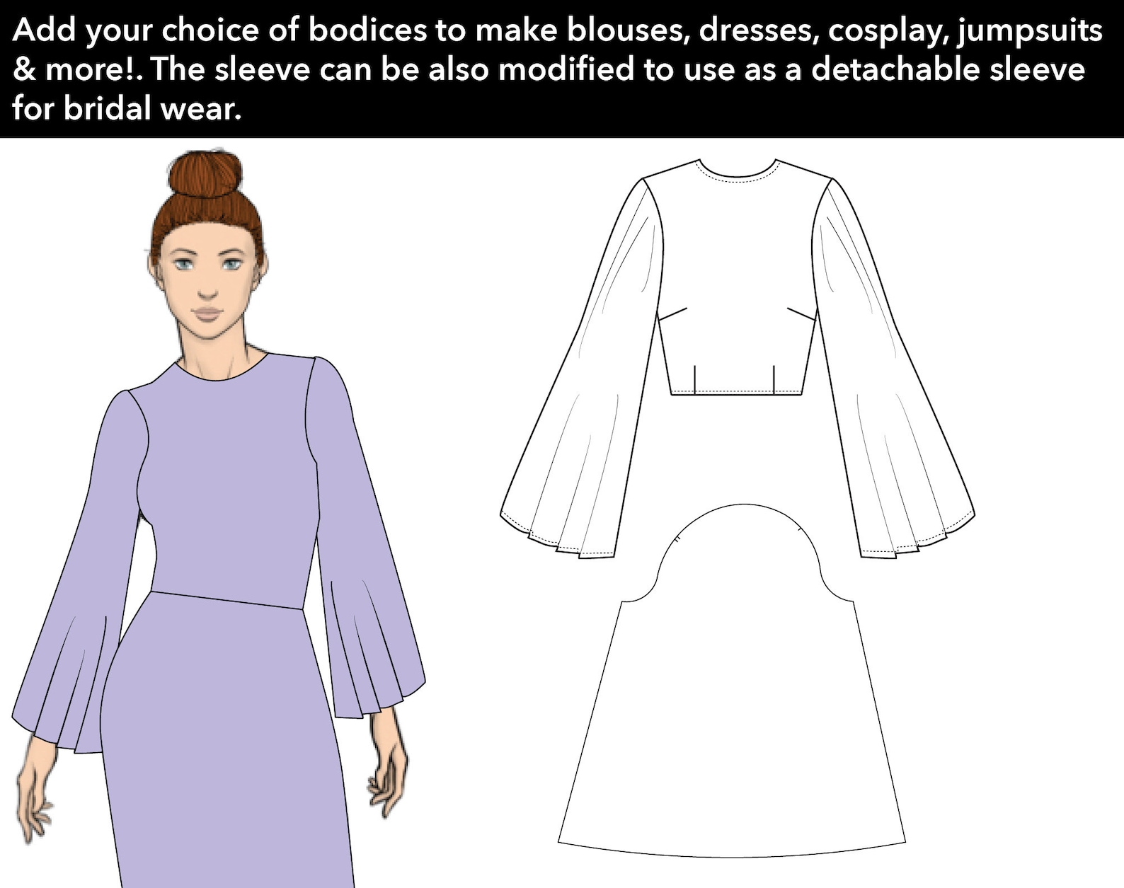 Bell Sleeve Sewing Pattern | XS-6X Add-on (PDF Pattern) - Etsy