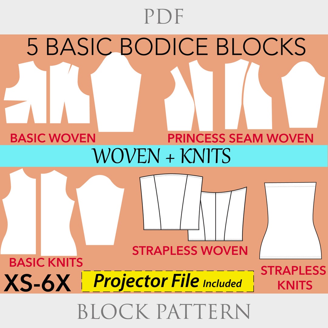 5 Basic Bodice Block Set, Size XS-6X, Woven Knits Basic Bodice Block ...