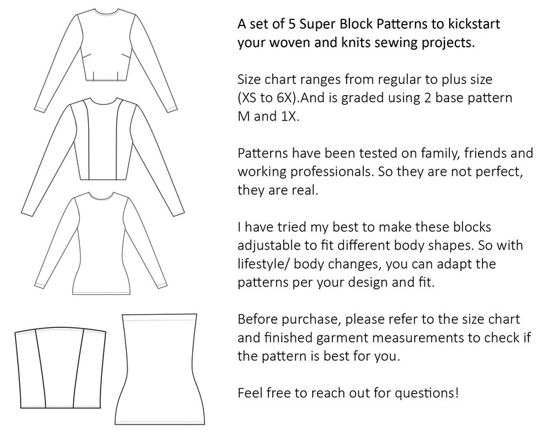 Women’s Bodice Sewing Pattern Bundle • Basic Sloper Block • XS–6X ...