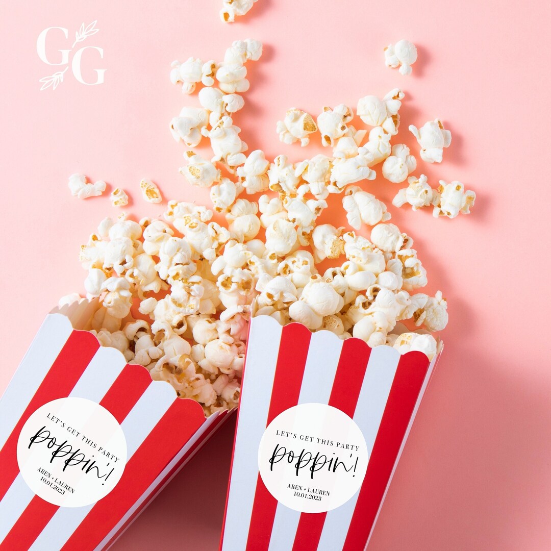 Let's Get This Party Poppin' Wedding Labels - Wedding Popcorn Favor ...