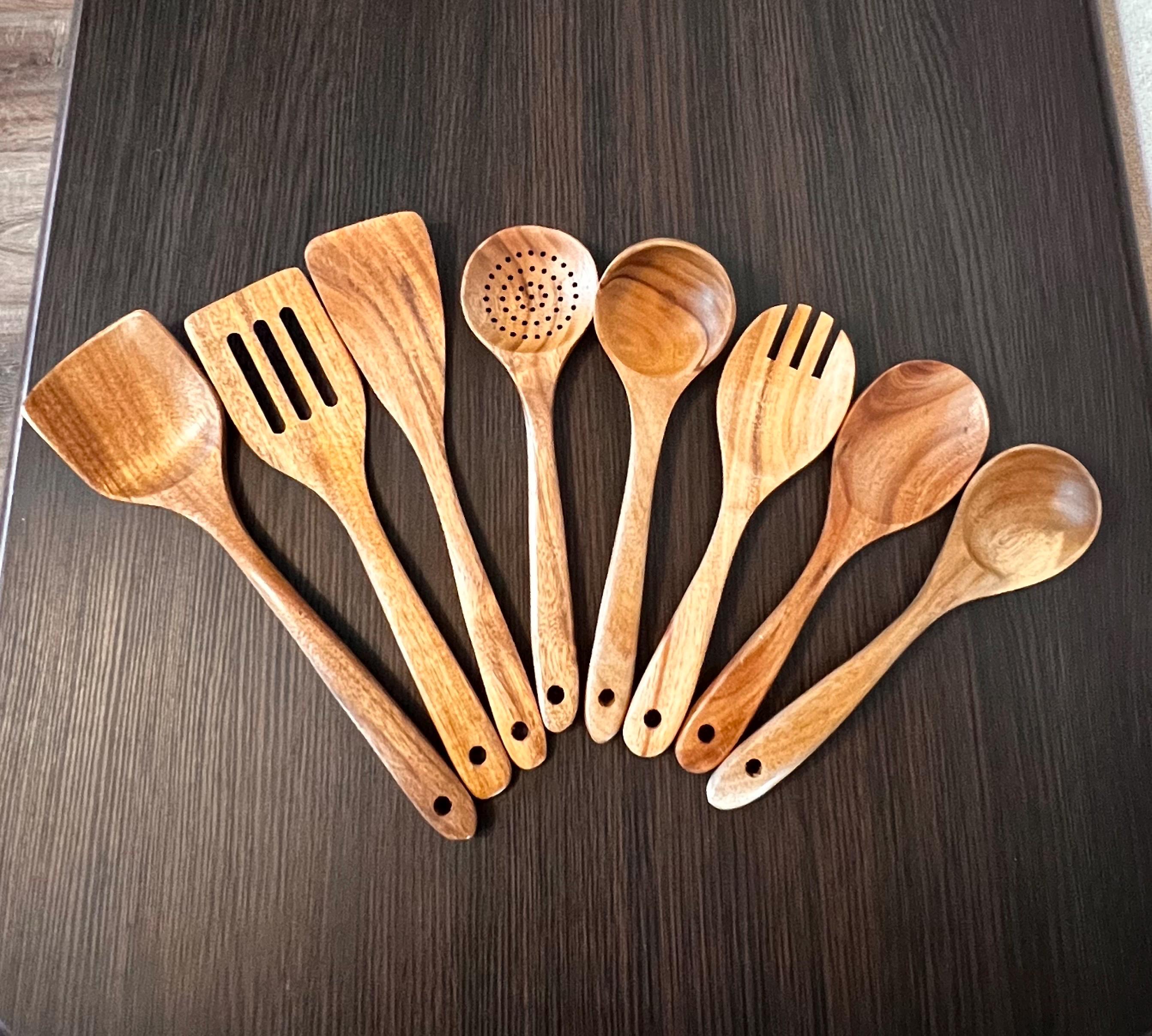 8 Pcs Handmade Natural Wood Acacia Kitchen Spoon Kitchen Utensils Ladle ...
