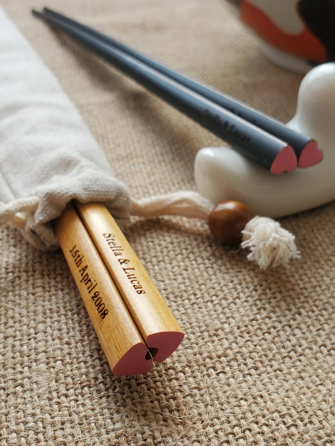 Personalized Engraved Wooden Heart Shaped Chopsticks With Linen Bag ...