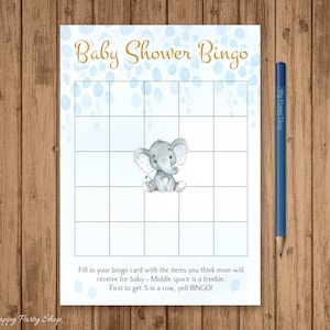 Elephant Baby Shower Bingo Card, PRINTABLE, Boy Shower Bingo Game, Blue ...