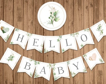 Hello Baby Greenery Baby Shower Printable Banner Instant - Etsy