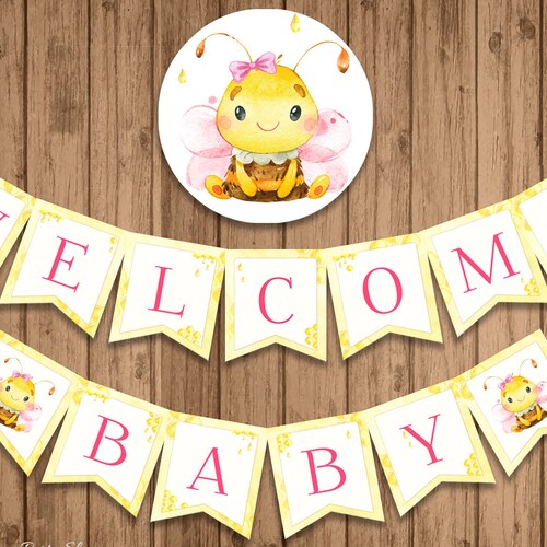 Pink Bee Baby Shower Banner PRINTABLE Welcome Baby Bee | Etsy