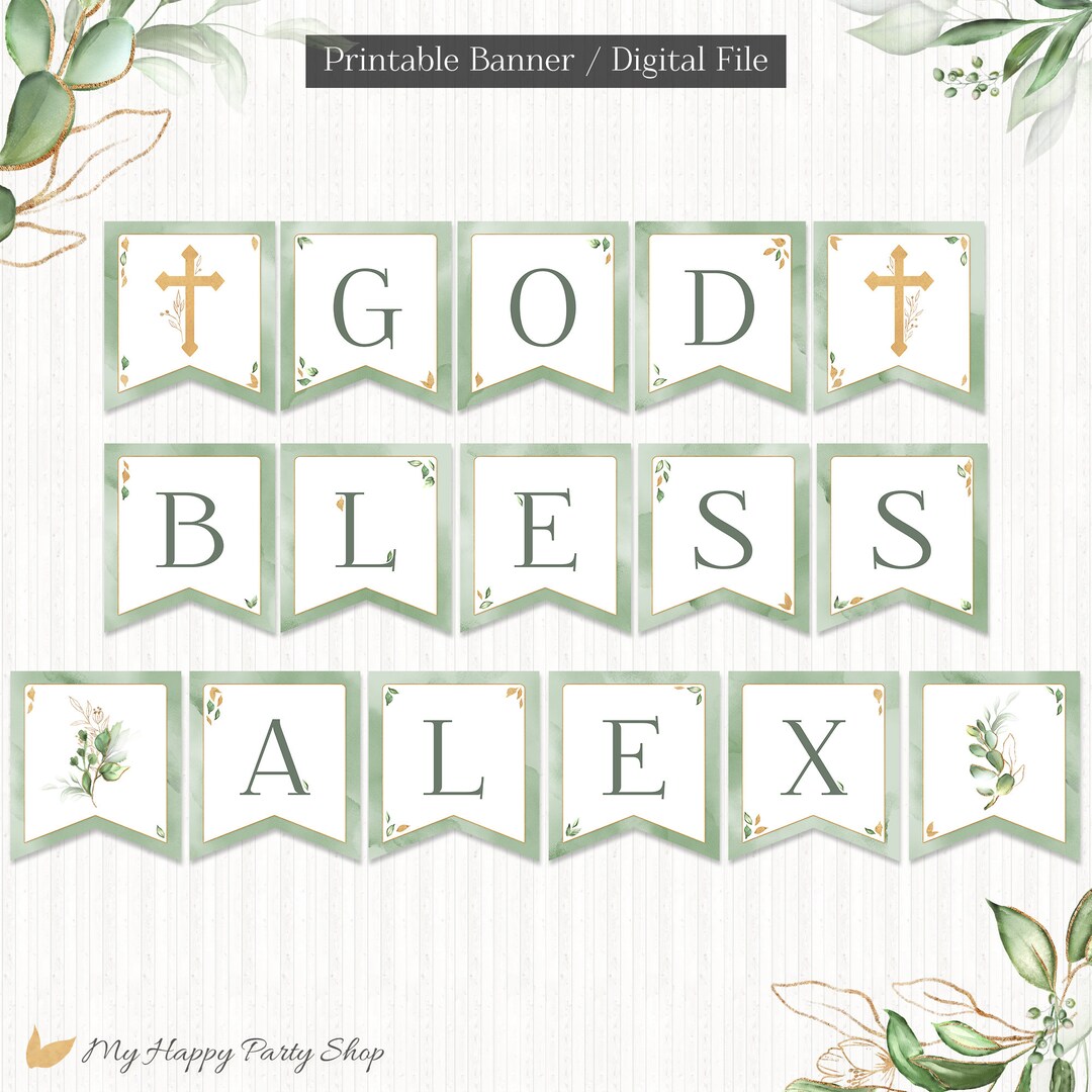 God Bless Banner, PRINTABLE, Custom Banner, DIY, Baptism Decor, Sage ...