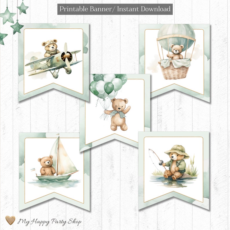 Teddy Bear Baby Shower Banner, PRINTABLE, Sage Green Welcome Baby, We ...