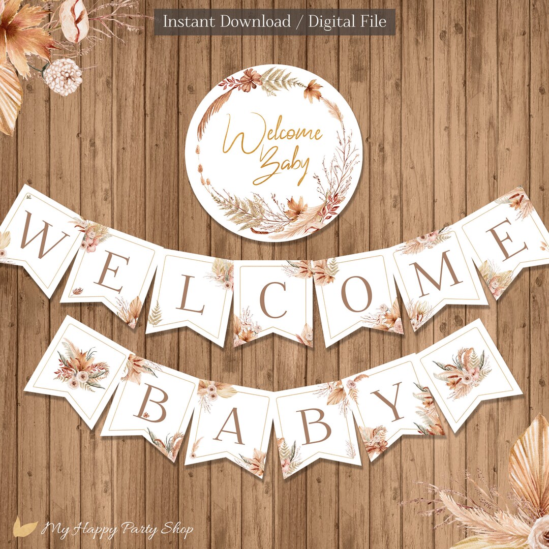 Boho Baby Shower Banner, PRINTABLE, Welcome Baby Banner, Pampas Grass ...