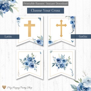 Blue God Bless Banner, PRINTABLE, Custom Banner, Boy Baptism Decor ...