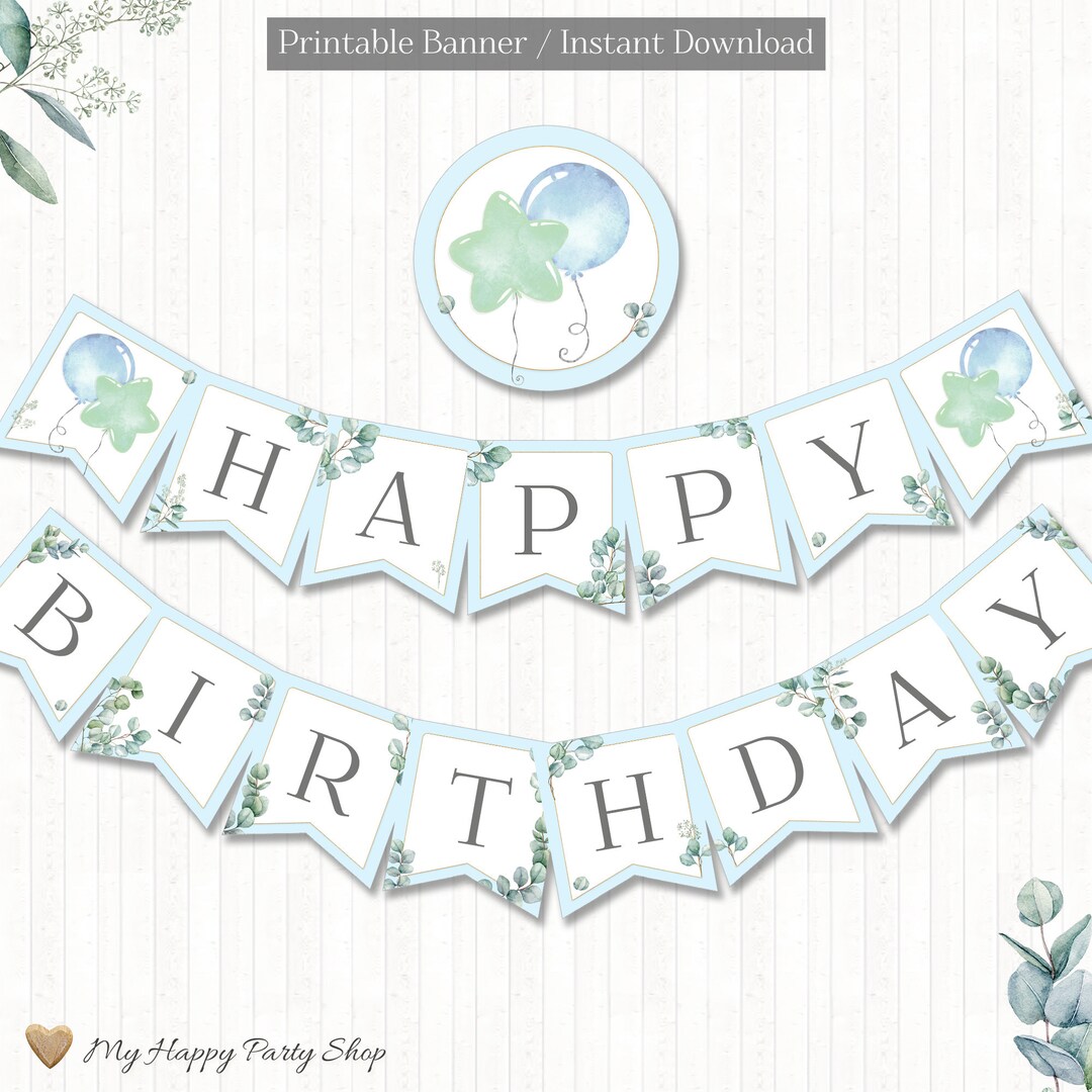 Blue Happy Birthday Banner, PRINTABLE, Eucalyptus Banner, Birthday ...