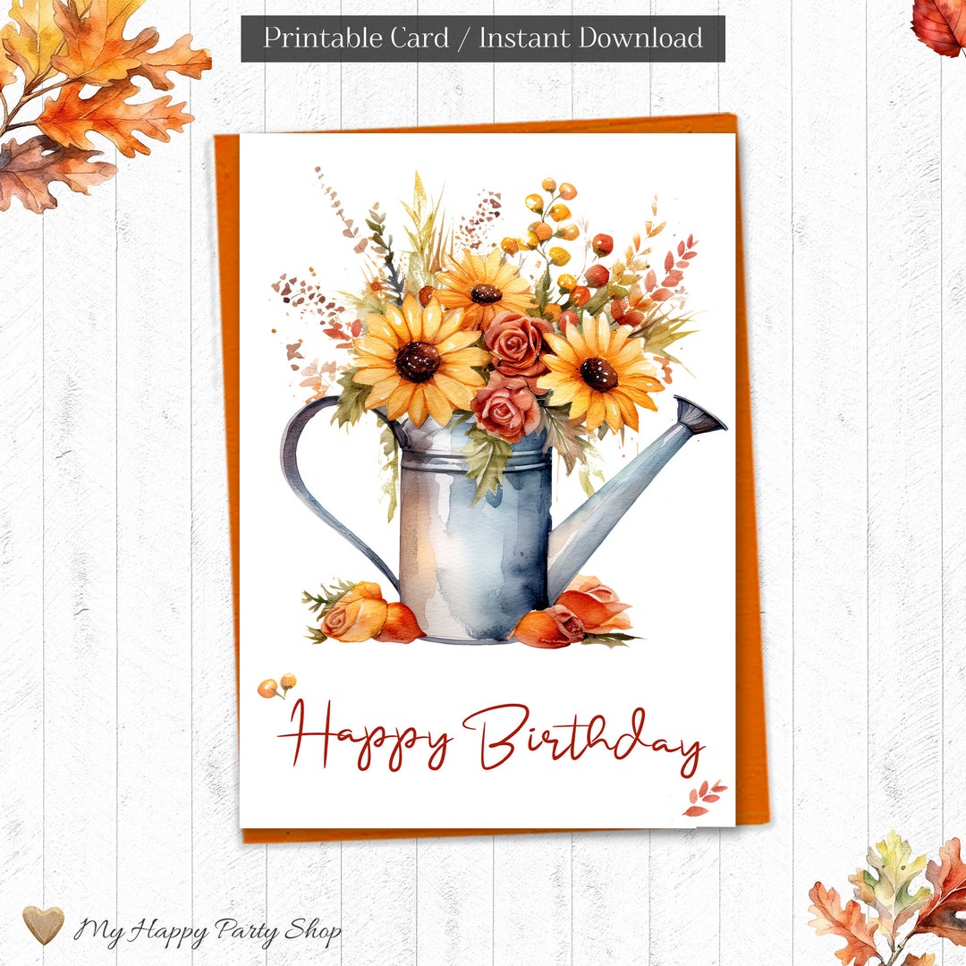 Floral Happy Birthday Card, PRINTABLE, Fold Card, Fall Birthday, Autumn ...