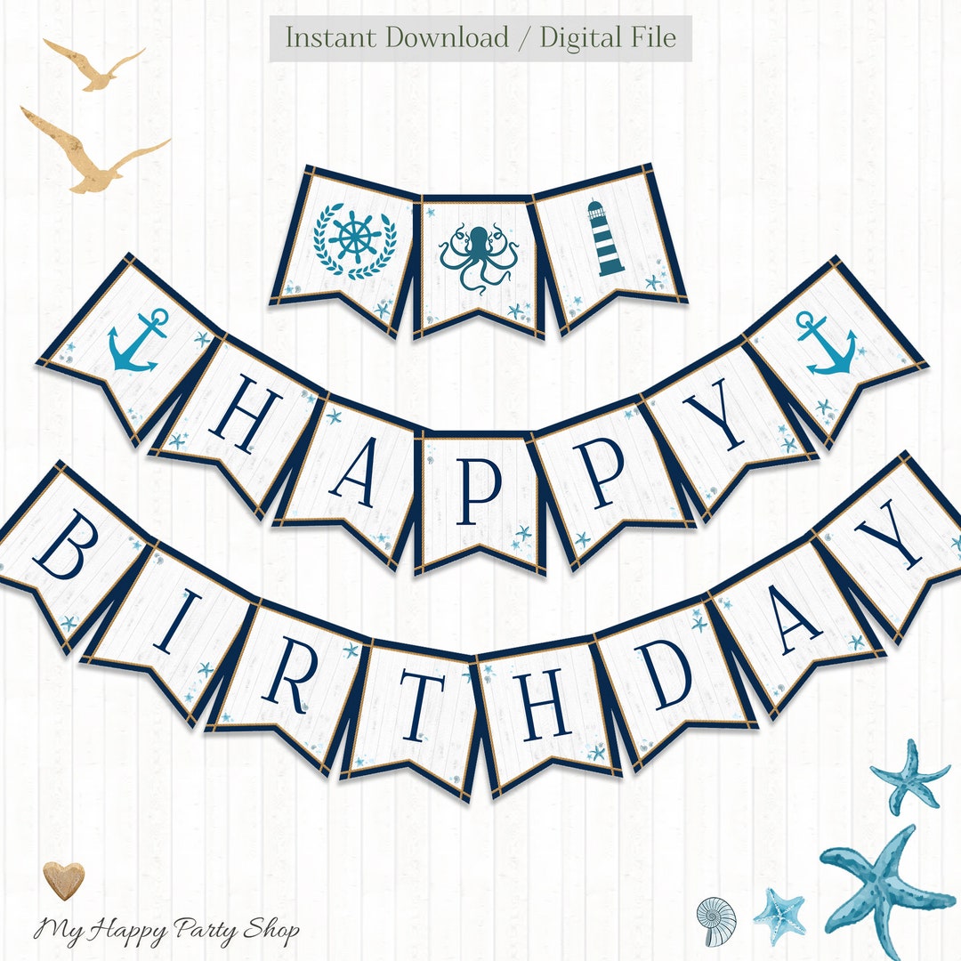 Happy Birthday Banner, PRINTABLE, Nautical Banner, Anchor Banner ...