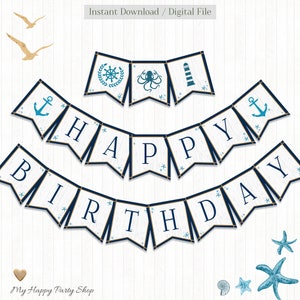 Happy Birthday Banner, PRINTABLE, Nautical Banner, Anchor Banner ...