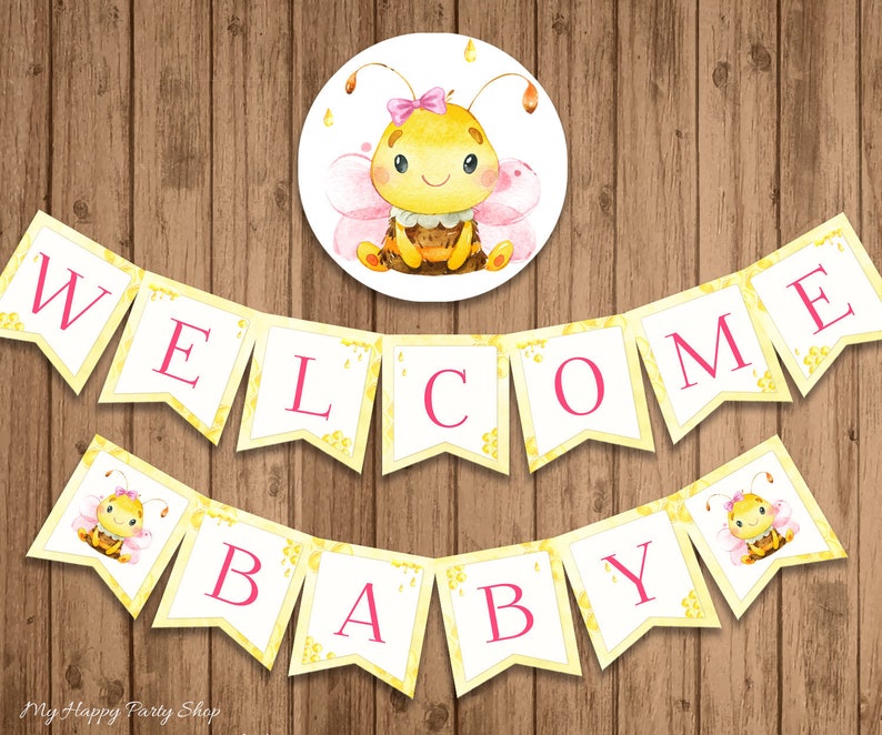 Pink Bee Baby Shower Banner PRINTABLE Welcome Baby Bee | Etsy