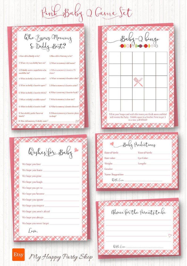 Pink Baby Q Games Set PRINTABLE BBQ Shower bingo Who | Etsy