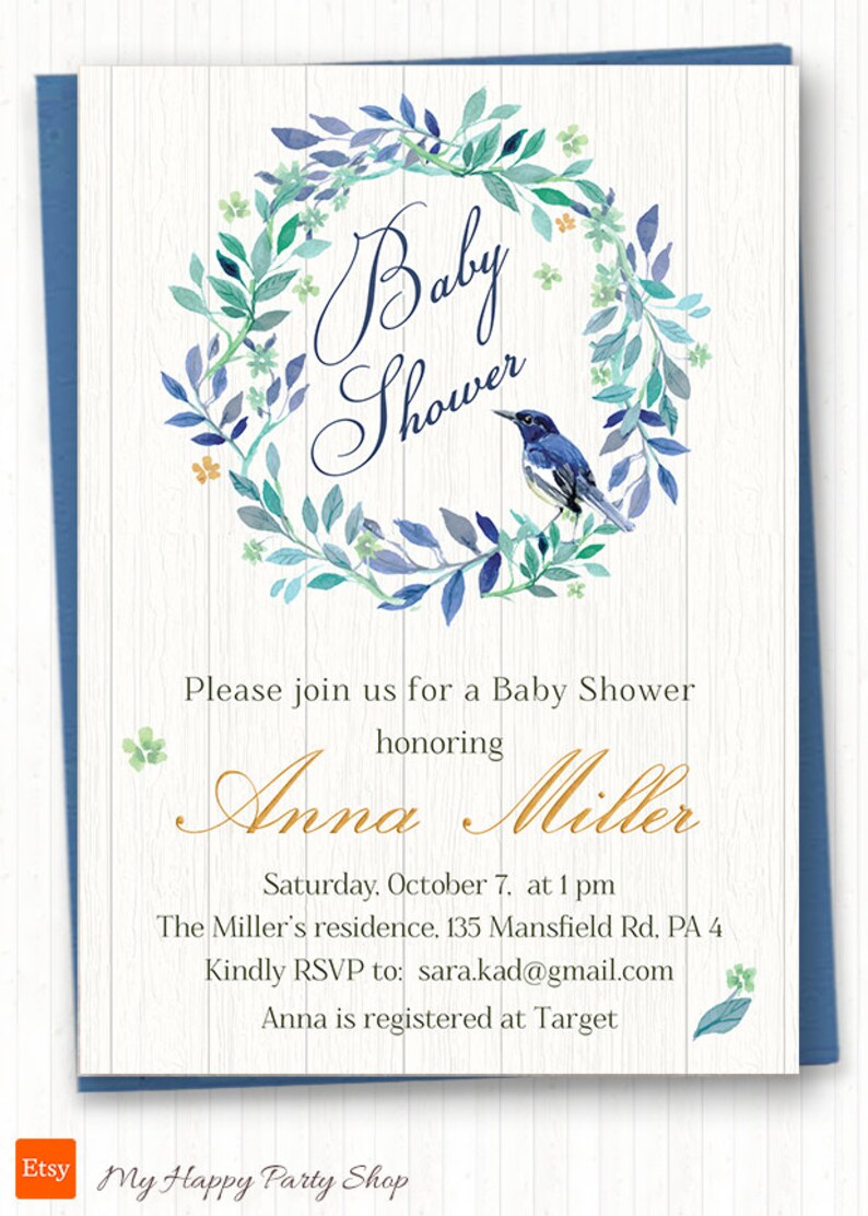 Bird Baby Shower Invitation PRINTABLE Blue Bird Watercolor - Etsy