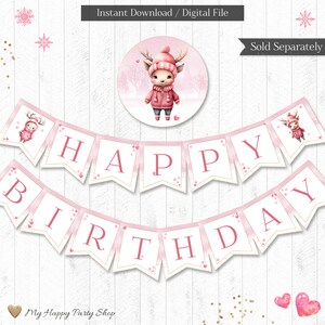 Winter Happy Birthday Card, PRINTABLE, Pink Deer Greeting Card, Girl ...