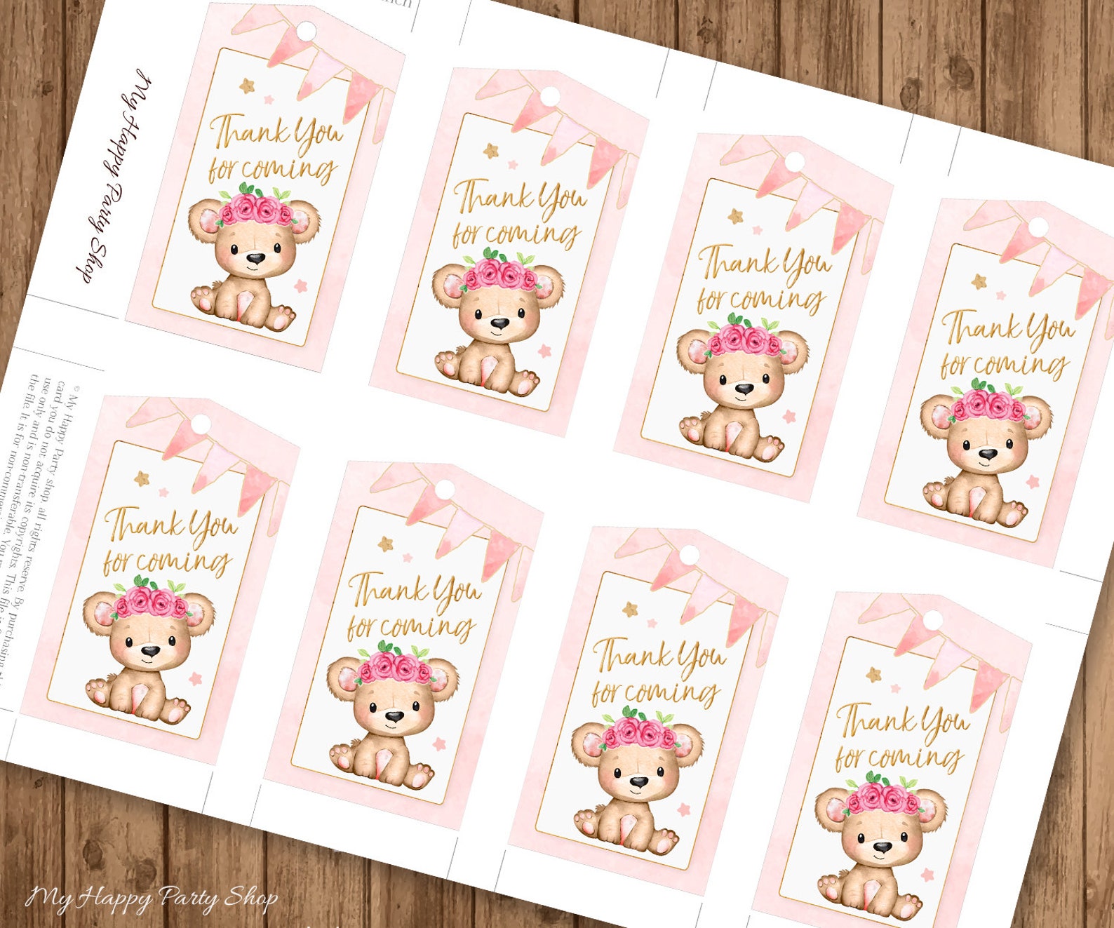 Pink Teddy Bear Favor Tags PRINTABLE Girl Teddy Bear Thank - Etsy
