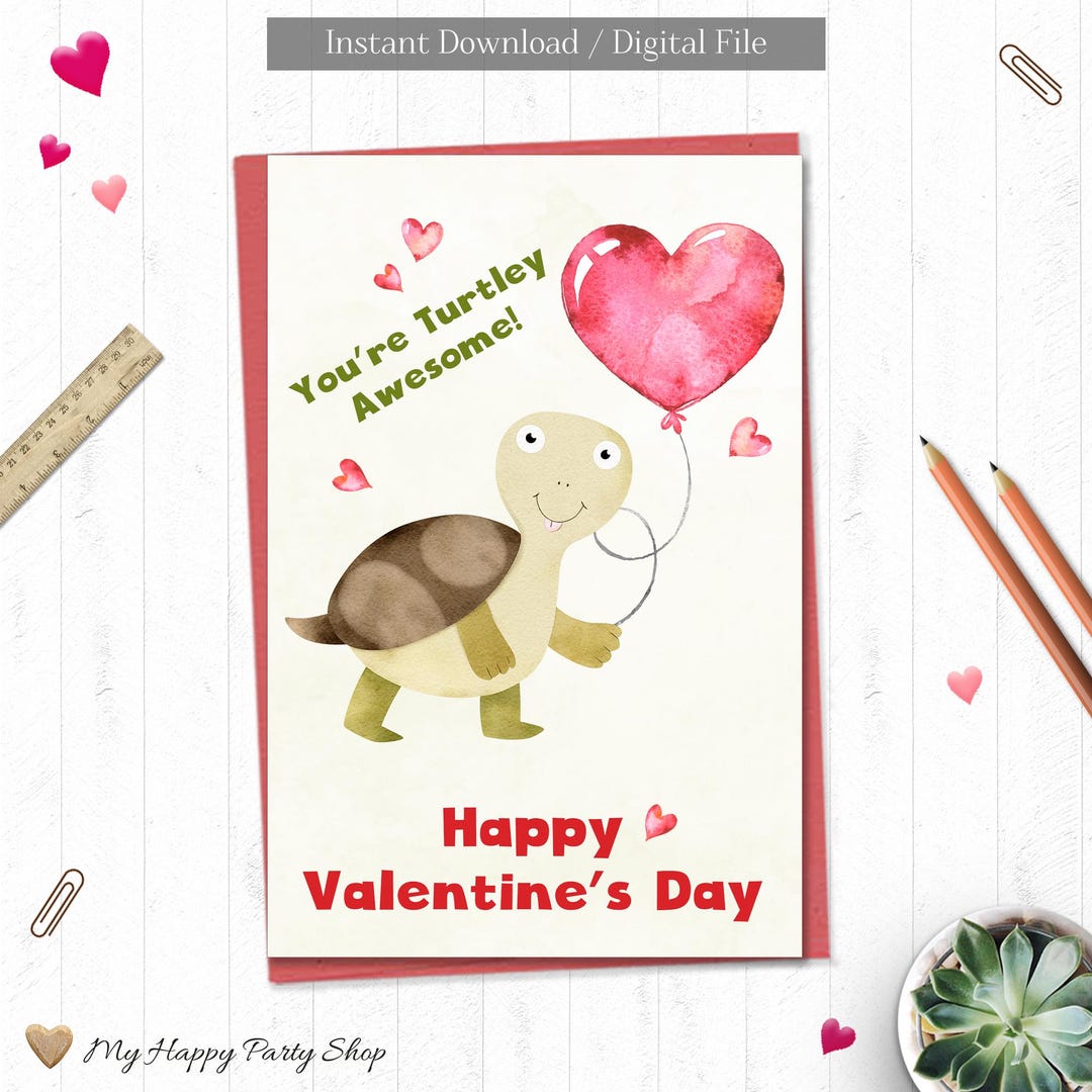 Valentine Card PRINTABLE Turtley Awesome Kids Valentine Valentines Day ...