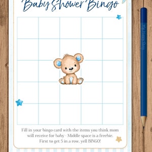 Teddy Bear Baby Shower Bingo Card, PRINTABLE, Boy Shower Bingo Game ...