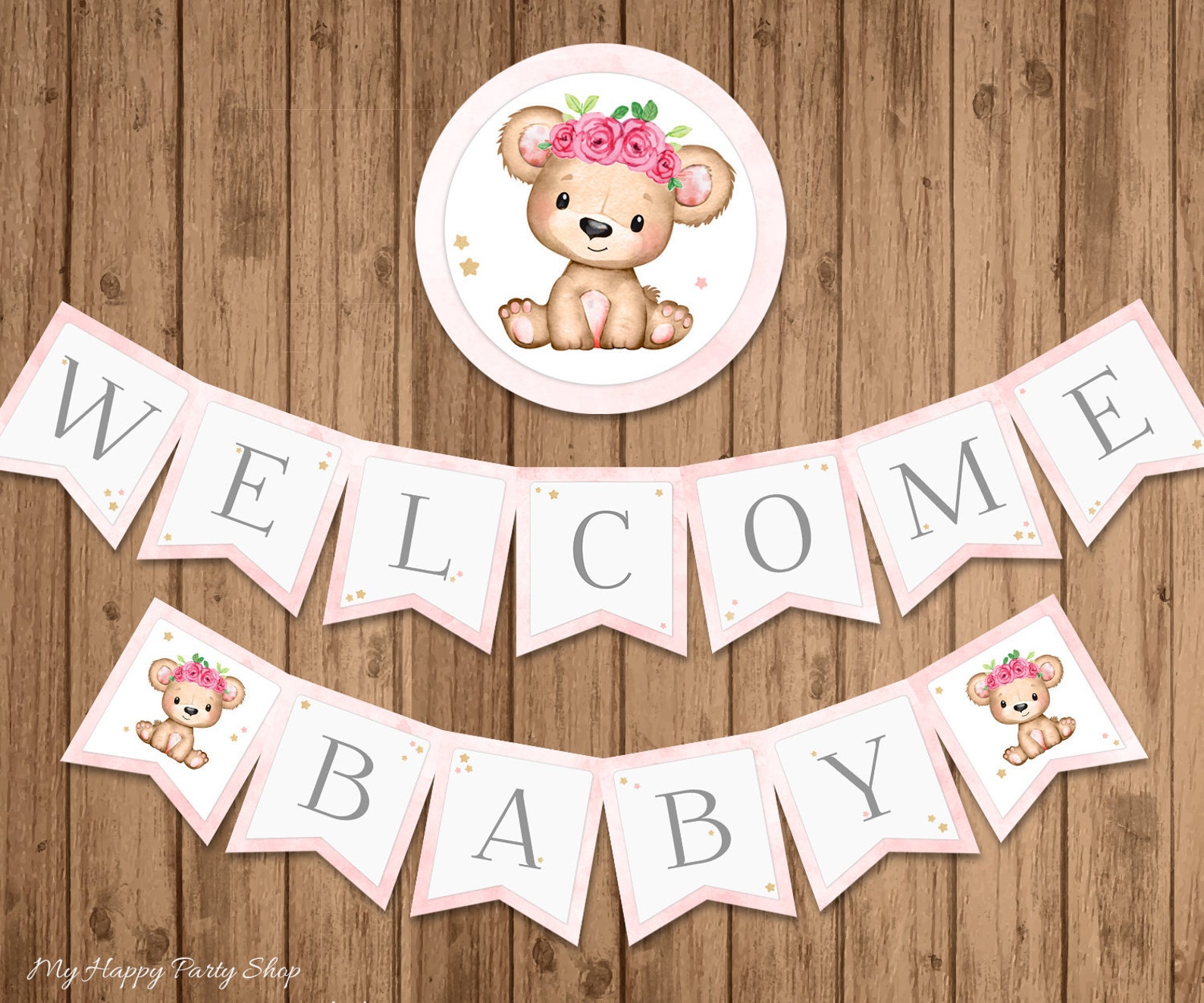 Pink Welcome Baby Banner PRINTABLE Teddy Bear Baby Shower - Etsy