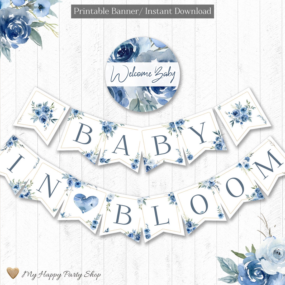 Baby in Bloom Banner, PRINTABLE, Welcome Baby, Blue Baby Shower, Baby ...