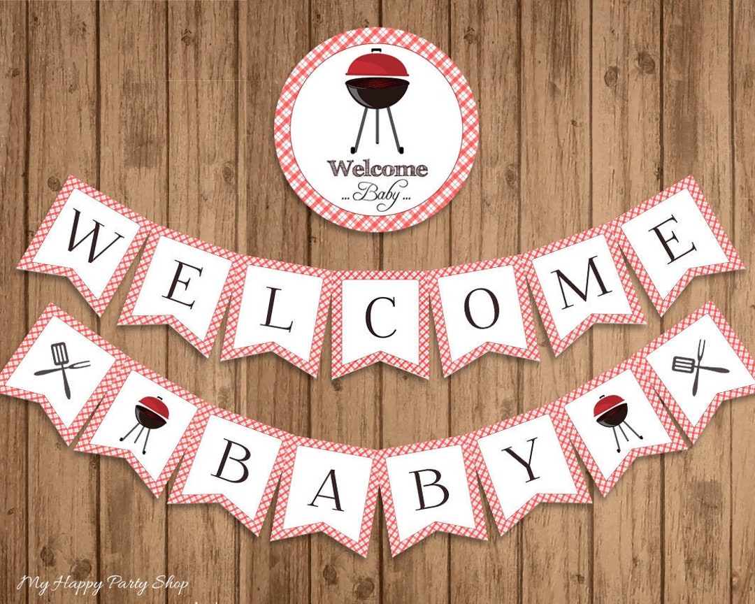 BABY-Q Welcome Baby Banner, PRINTABLE, BBQ Baby Shower, Red, Babyq ...