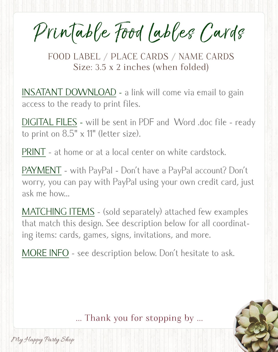 Deer Buffet Cards PRINTABLE Food Label / Place Cards | Etsy